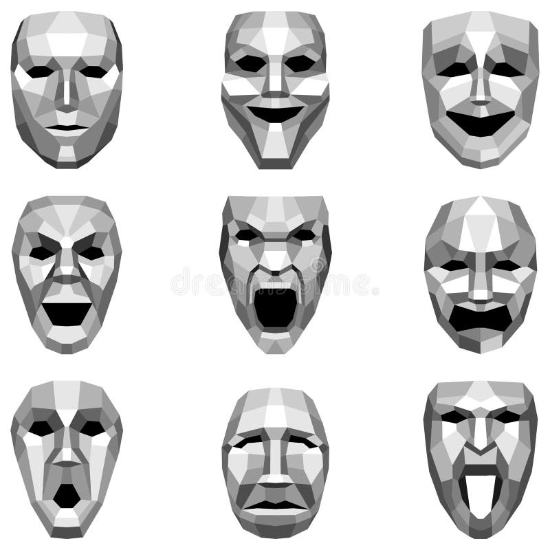 Set of Low Poly Style Emoticons, Emoji on White Background, Vector ...