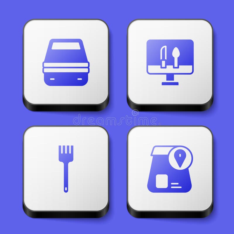 Set Lunch Box, Online Ordering Food, Fork and Icon. White Square Button ...