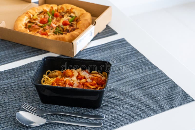 Set Lunch, Pizza with Pasta. Food Delivery Stock Image - Image of ...