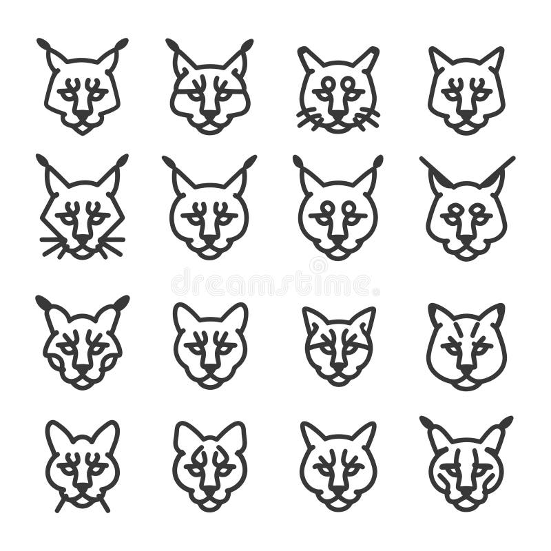 Sixteen Lynx Head Line Icons Wild Cat Portraits Wildlife Vector Set ...