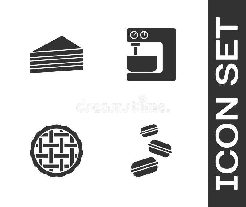 Set Macaron Cookie, Cake, Homemade Pie and Electric Mixer Icon. Vector ...