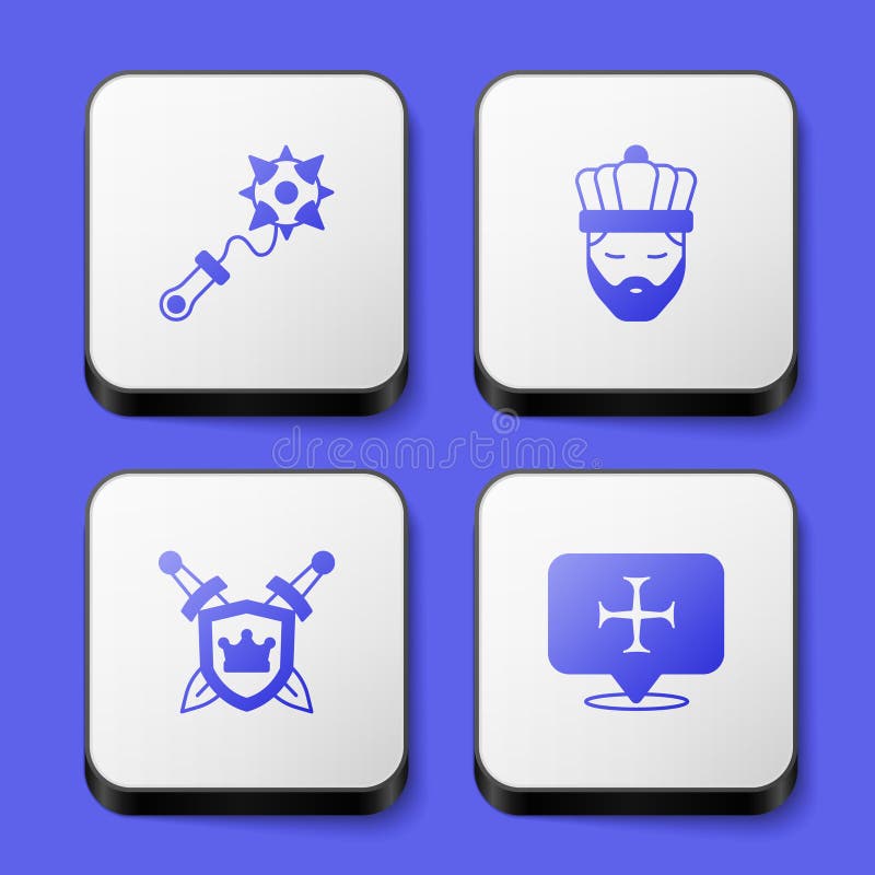 Set Mace with Spikes, King Crown, Shield Swords and Crusade Icon. White ...