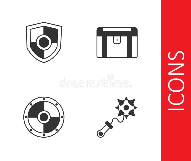 Set Mace with Spikes, Shield, Round Shield and Antique Treasure Chest ...