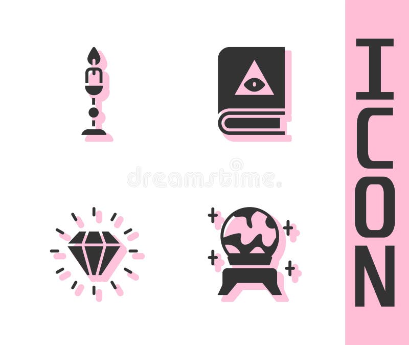 Set Magic Ball, Burning Candle, Diamond and Ancient Magic Book Icon ...