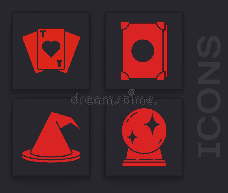 Set Magic Ball, Playing Cards, Ancient Magic Book and Witch Hat Icon ...