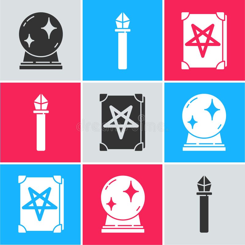 Set Magic Ball, Magic Staff and Ancient Magic Book Icon. Vector Stock ...