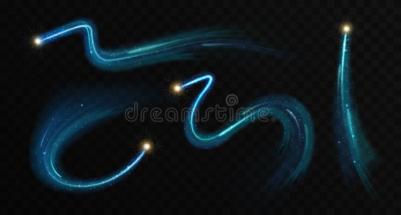 Set of Magic Blue Glowing Shiny Trails Isolated on Black Transparent ...