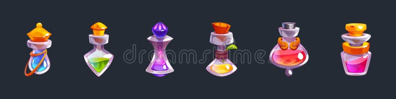 Set of Magic Elixir Bottles Isolated on Black Stock Illustration ...