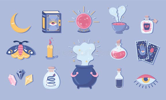 Set of Magic Esoteric Elements in Flat Cartoon Style. Magic Ball, Book ...