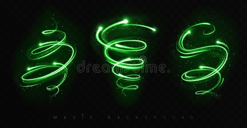 Set of Magic Green Glowing Shiny Trail Isolated on Black Transparent ...