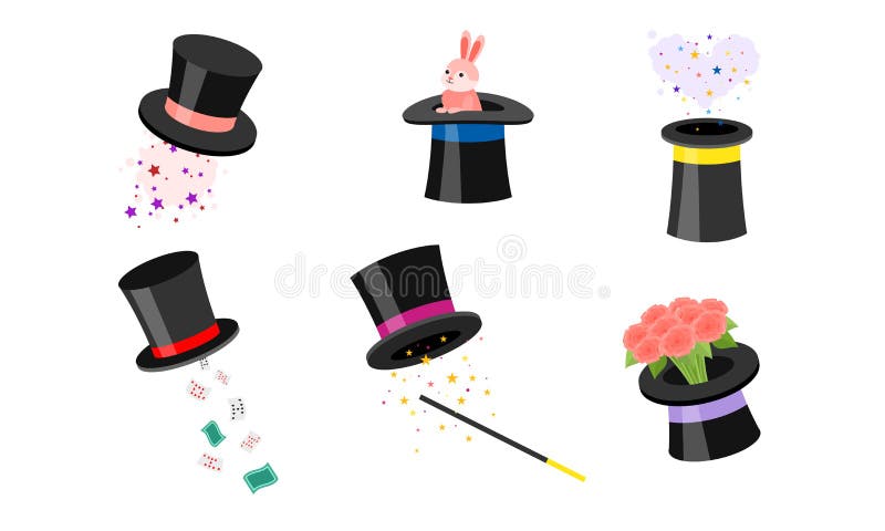 Set of the Magic Hat with Different Tricks. Vector Illustration in Flat ...
