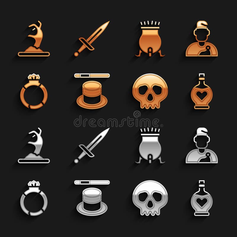 Set Magic Hat and Wand, Wizard Warlock, Bottle with Love Potion, Skull ...