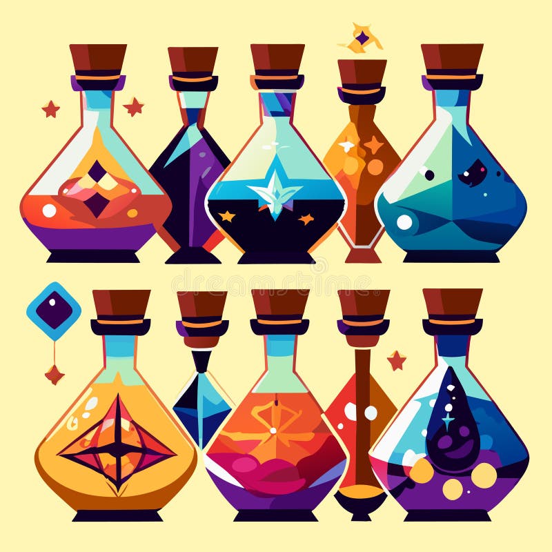 Set of Magic Potion Bottles with Different Colors and Shapes. Vector ...