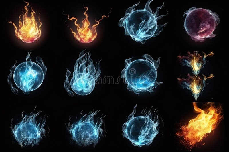 A Set of Magic Power Fire and Ice Lights Effects. Isolated on a Black ...