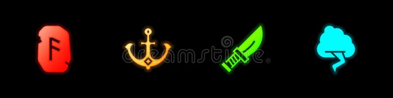 Set Magic Rune, Anchor, Dagger and Cloud and Lightning Icon. Vector ...