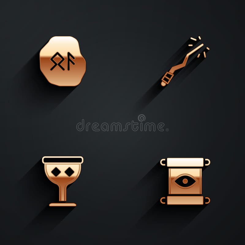 Set Magic Runes, Wand, Medieval Goblet and Scroll Icon with Long Shadow ...