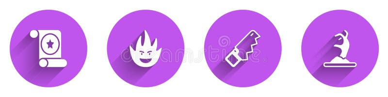 Set Magic Scroll, Fire Flame, Hand Saw and Zombie Hand Icon with Long ...