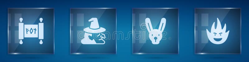 Set Magic Scroll, Witch, Rabbit with Ears and Fire Flame. Square Glass ...