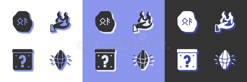 Set Magic Stone, Runes, Mystery Box and Hand Holding Fire Icon. Vector ...