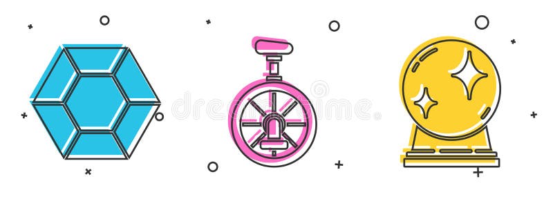 Set Magic Stone, Unicycle or One Wheel Bicycle and Magic Ball Icon ...