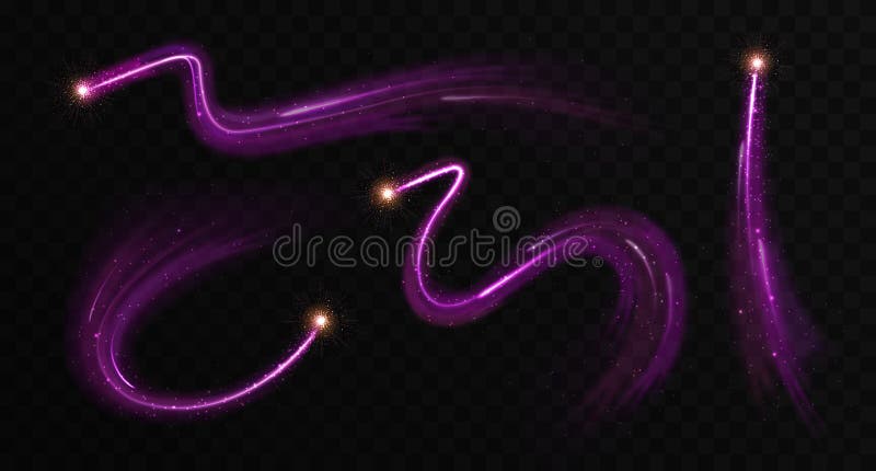 Set of Magic Violet Glowing Shiny Trails Isolated on Black Transparent ...