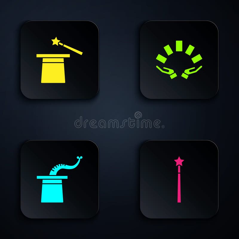 Set Magic Wand, Hat, Magician and Hand Holding Playing Cards. Black ...