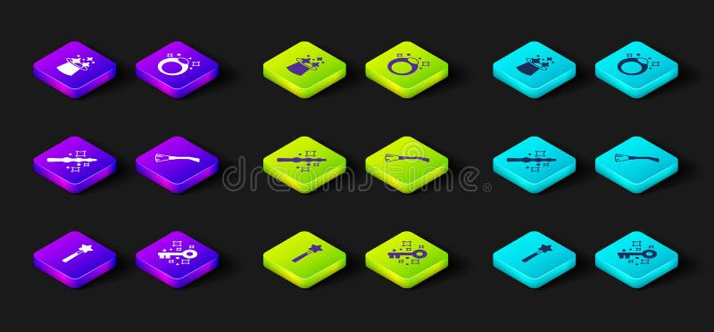 Set Magic Wand, Old Magic Key, Witches Broom, Stone Ring and Hat Icon ...