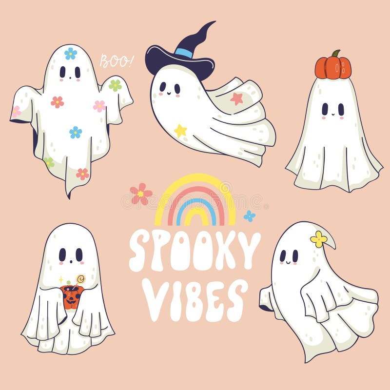 Set of Magical Cute Happy Ghosts. Vector Graphics Stock Vector ...