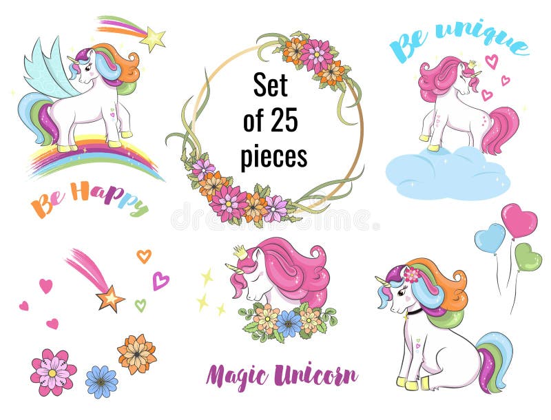 Set of Magical Unicorns with Elements and Text. Vector Illustration ...