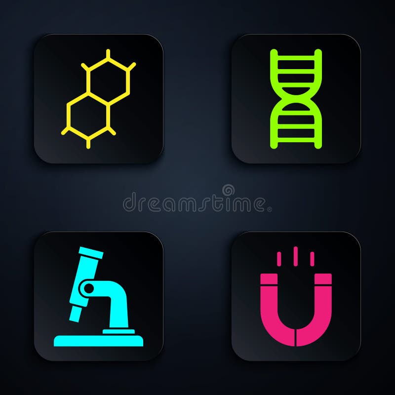 Set Magnet, Chemical Formula, Microscope and DNA Symbol. Black Square ...