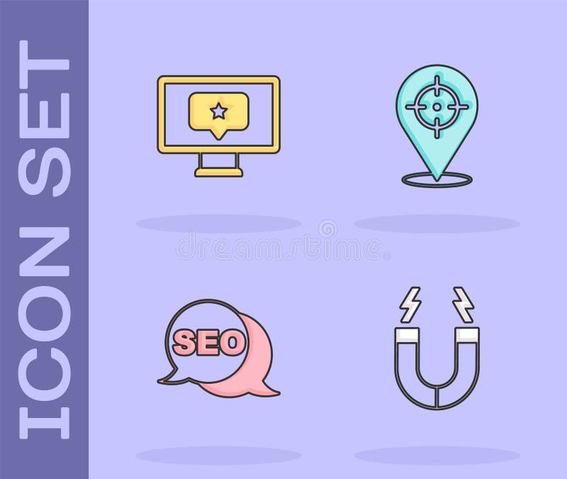Set Magnet, Monitor with Star, SEO Optimization and Target Icon. Vector ...