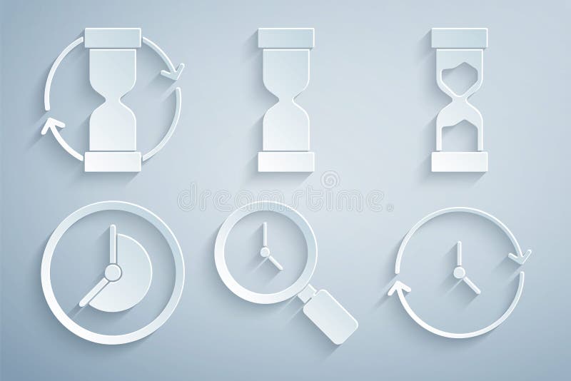 Set Magnifying Glass with Clock, Old Hourglass, Clock, and Icon. Vector ...