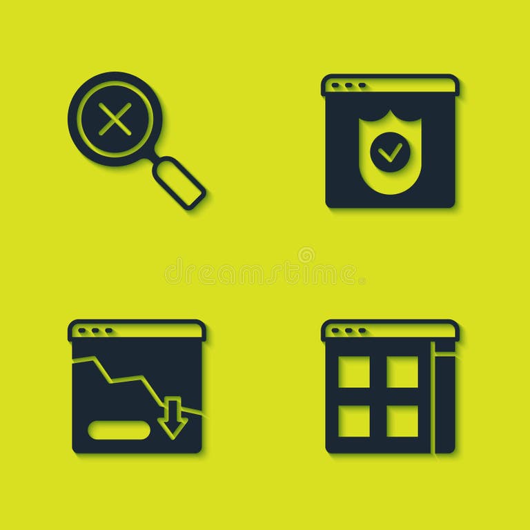 Set Magnifying Glass and Delete, Browser Files, Financial Growth Decrease and with Shield Icon ...