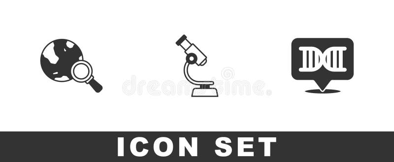 Set Magnifying Glass with Globe, Microscope and DNA Symbol Icon. Vector ...