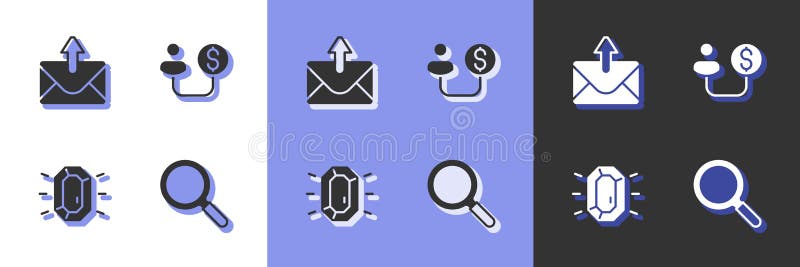 Set Magnifying Glass, Mail and E-mail, Diamond and Human Money Icon ...