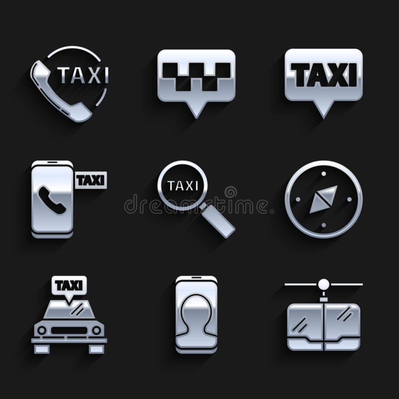 Set Magnifying Glass and Taxi Car, Taxi Call Telephone Service, Cable ...