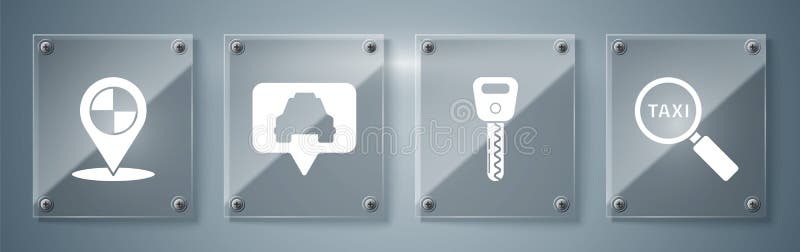 Set Magnifying Glass and Taxi Car, Car Key, Map Pointer with Taxi and ...