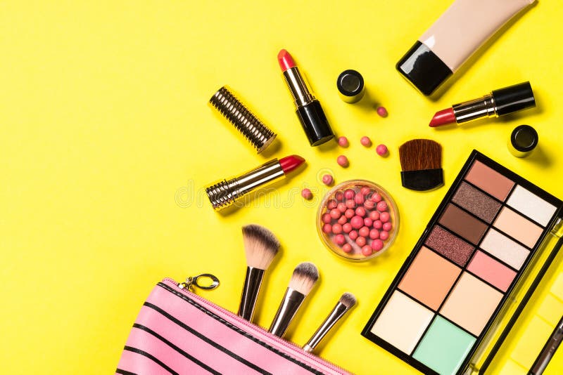 Makeup Professional Cosmetics on Pink Background. Stock Image - Image ...