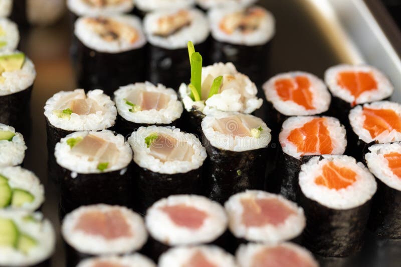Set of Maki Sushi on Metal Tray Stock Image - Image of restaurant ...