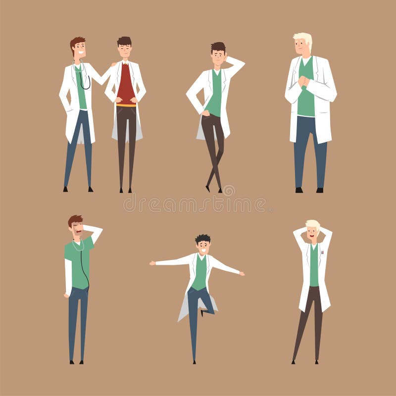 Set of Male Doctors or Practicing Interns Standing Together Vector ...
