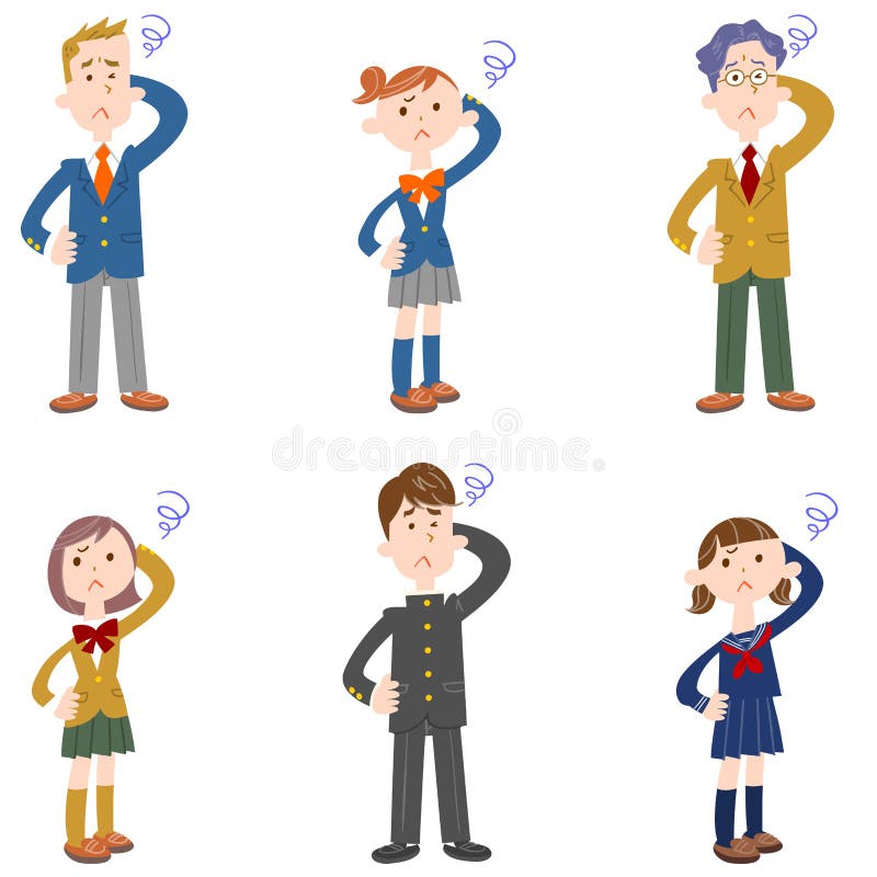 A Set of Male and Female Students in Uniform with a Troubled Expression ...