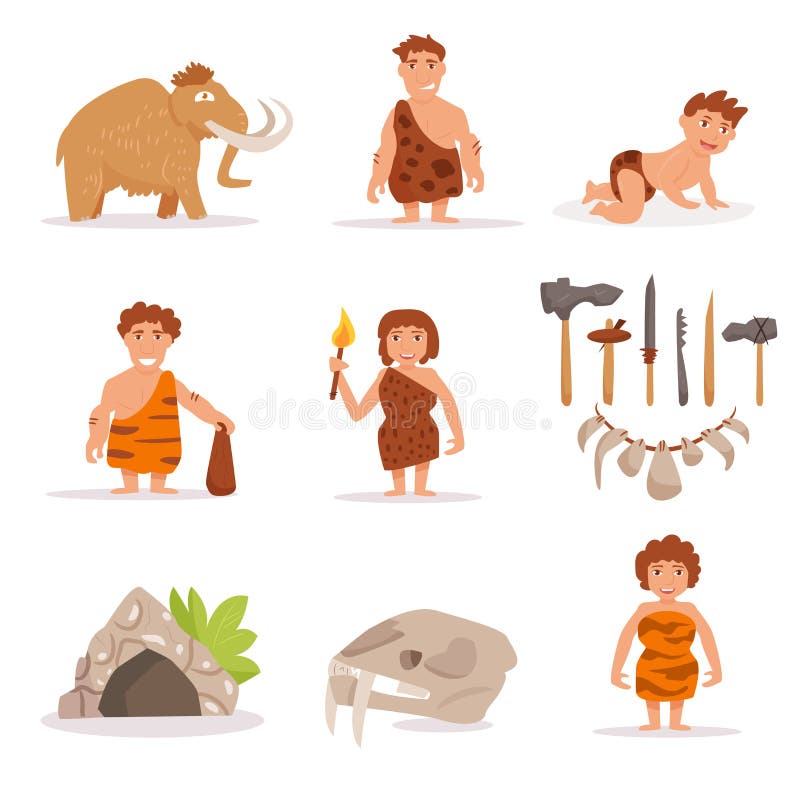 Set with Mammoth, Cave People, Stock Vector - Illustration of bone ...