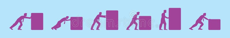 Set of Man Pushing Cartoon Icon Design Template with Various Models ...