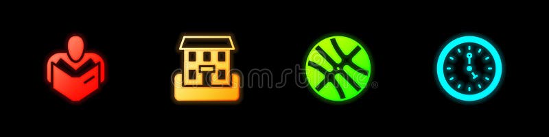 Set Man Reading Book, School Building, Basketball Ball and Clock Icon ...