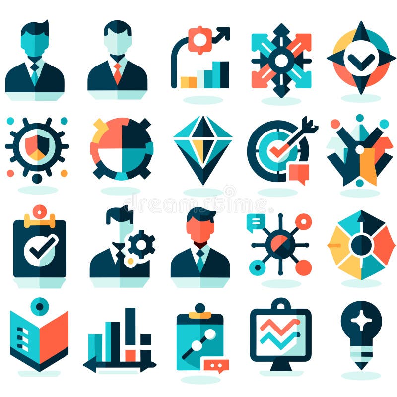 Set of Management Icons in Bold Shapes and Colors on White Background ...