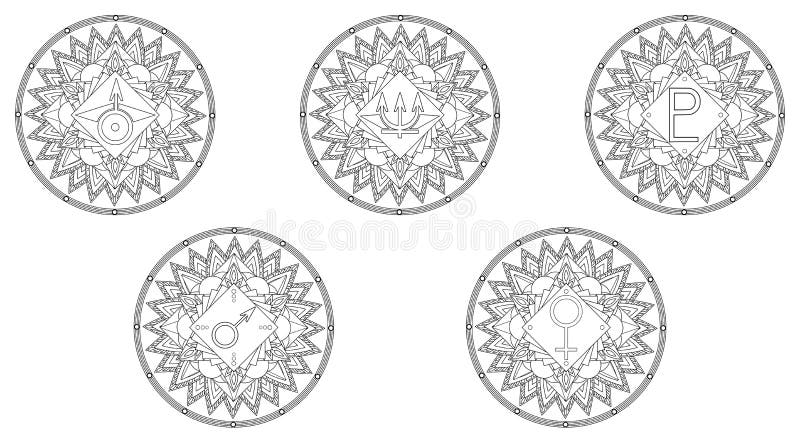 Set of Mandalas with Symbols of Planets, Black and White, Isolated ...