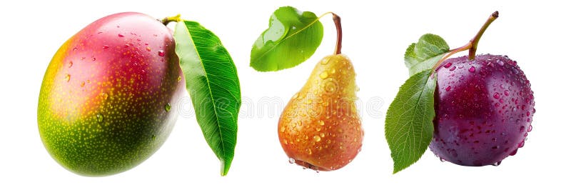 Set of Mango, Pear, Plums or Nectarine Covered in Dew Drops with Green ...