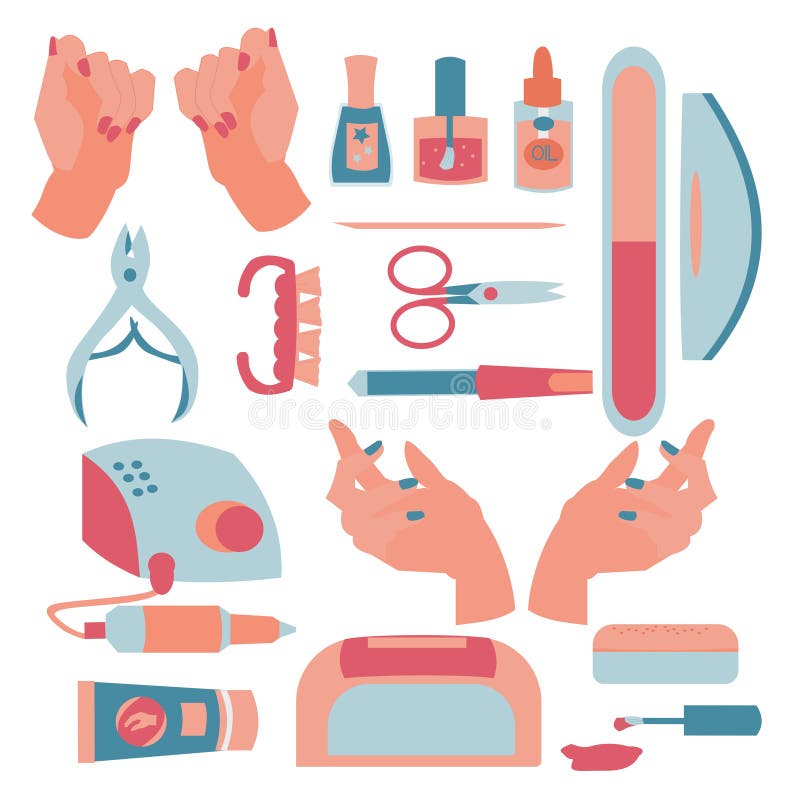 Set of Manicure Tools and Famale Hands Flash Isolated Illustration ...