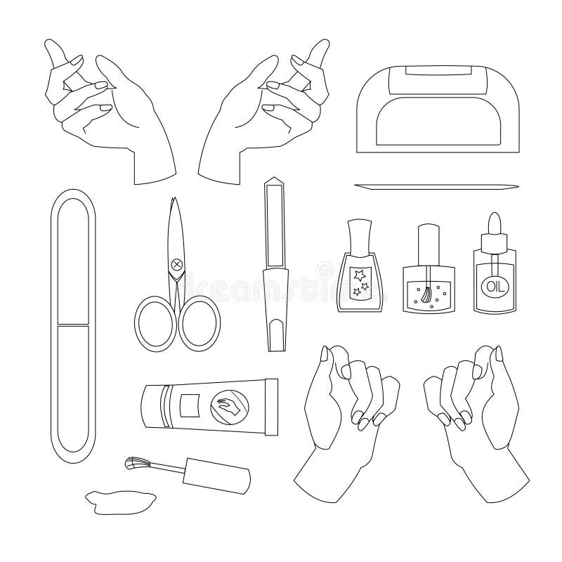 Set of Manicure Tools and Famale Hands Outline Illustration Stock ...