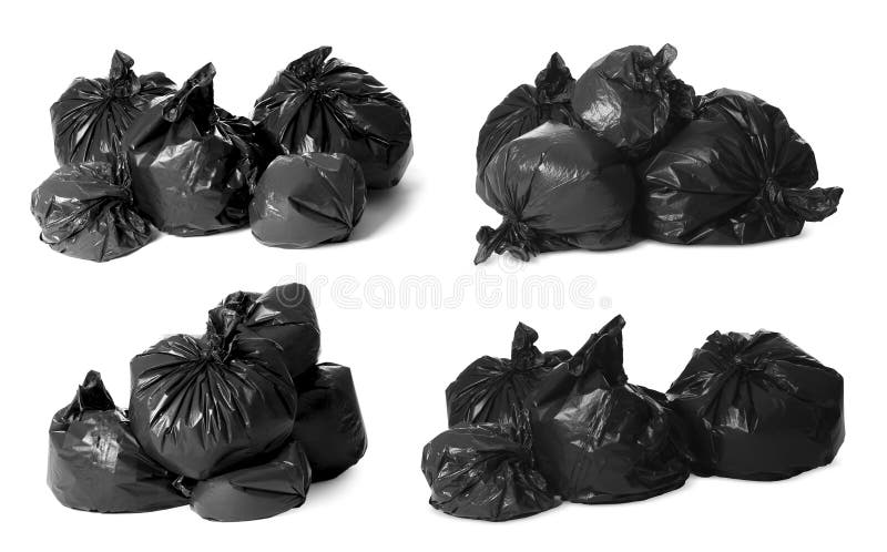 Set with Many Black Trash Bags Full of Garbage on White Background ...